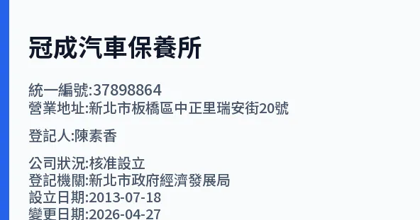 冠成汽車保養所的照片-統編 37898864(新北市) 公司登記資料與營業項目詳細圖表