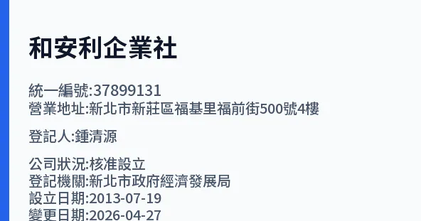 和安利企業社的照片-統編 37899131(新北市) 公司登記資料與營業項目詳細圖表