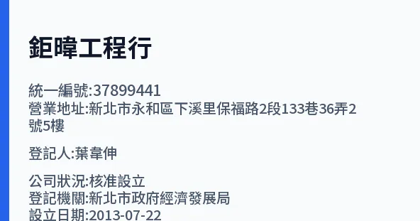 鉅暐工程行的照片-統編 37899441(新北市) 公司登記資料與營業項目詳細圖表