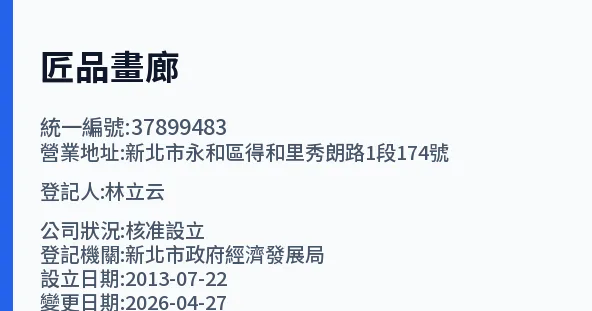 匠品畫廊的照片-統編 37899483(新北市) 公司登記資料與營業項目詳細圖表