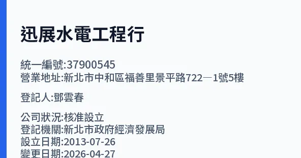 迅展水電工程行的照片-統編 37900545(新北市) 公司登記資料與營業項目詳細圖表