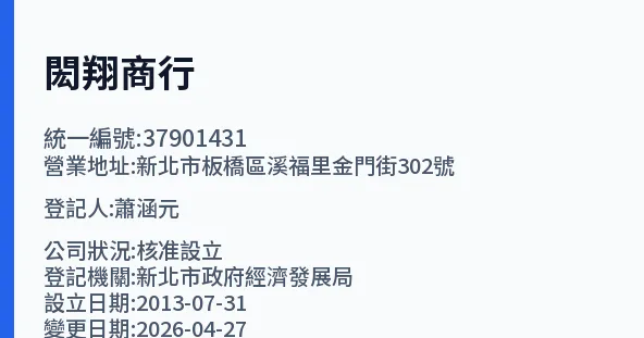 閎翔商行的照片-統編 37901431(新北市) 公司登記資料與營業項目詳細圖表