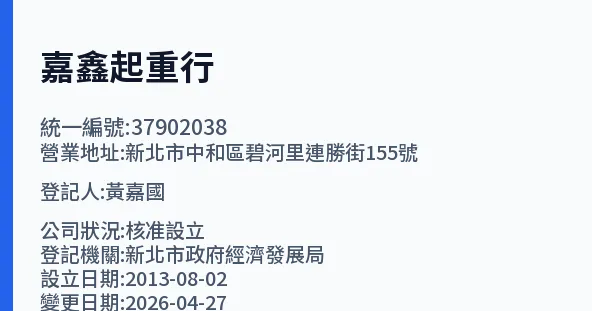 嘉鑫起重行的照片-統編 37902038(新北市) 公司登記資料與營業項目詳細圖表