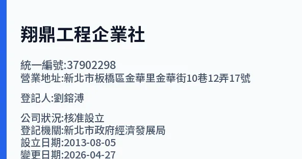 翔鼎工程企業社的照片-統編 37902298(新北市) 公司登記資料與營業項目詳細圖表