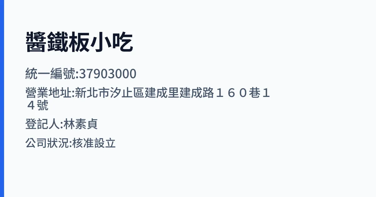 醬鐵板小吃 - 統編 37903000(新北市) 公司登記資料與營業項目詳細圖表