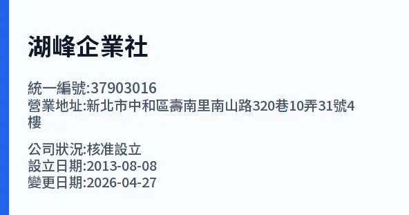 湖峰企業社的照片-統編 37903016(新北市) 公司登記資料與營業項目詳細圖表