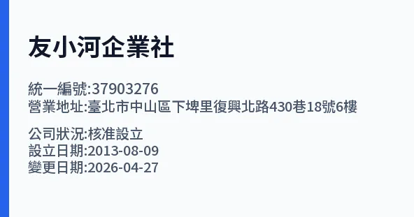 友小河企業社的照片-統編 37903276(臺北市) 公司登記資料與營業項目詳細圖表