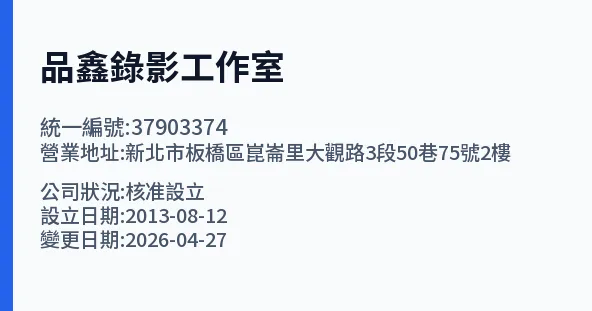 品鑫錄影工作室的照片-統編 37903374(新北市) 公司登記資料與營業項目詳細圖表