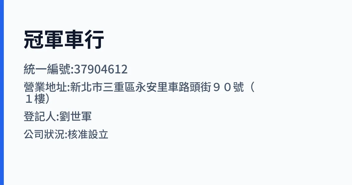 冠軍車行 - 統編 37904612(新北市) 公司登記資料與營業項目詳細圖表