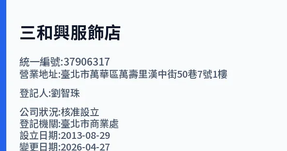 三和興服飾店的照片-統編 37906317(臺北市) 公司登記資料與營業項目詳細圖表