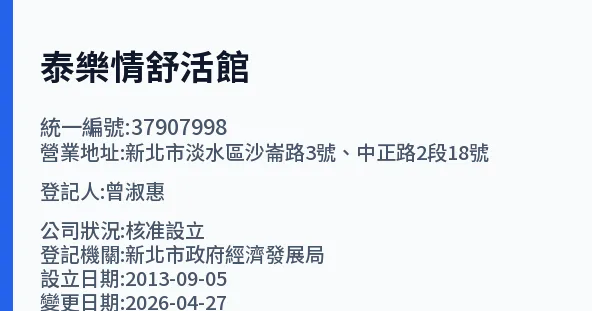 泰樂情舒活館的照片-統編 37907998(新北市) 公司登記資料與營業項目詳細圖表