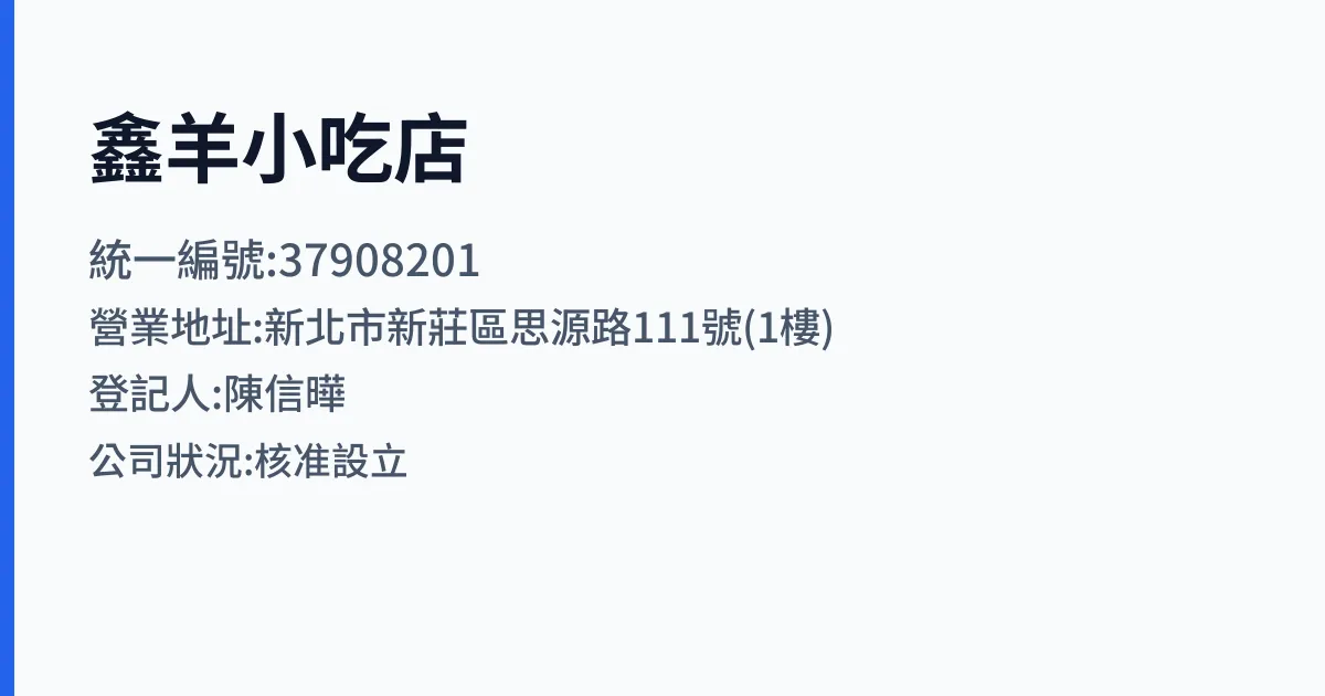 鑫羊小吃店 - 統編 37908201(新北市) 公司登記資料與營業項目詳細圖表