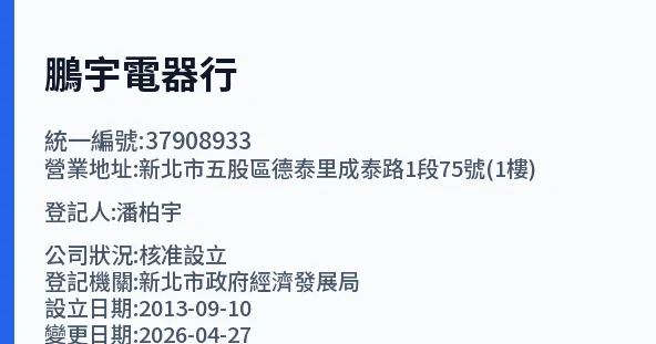 鵬宇電器行的照片-統編 37908933(新北市) 公司登記資料與營業項目詳細圖表