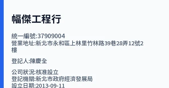 幅傑工程行的照片-統編 37909004(新北市) 公司登記資料與營業項目詳細圖表