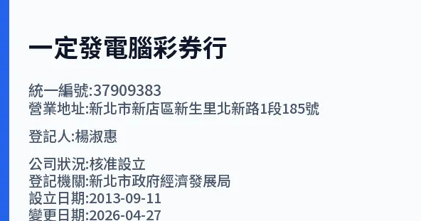 一定發電腦彩券行的照片-統編 37909383(新北市) 公司登記資料與營業項目詳細圖表