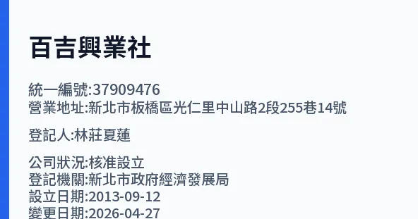 百吉興業社的照片-統編 37909476(新北市) 公司登記資料與營業項目詳細圖表