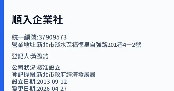 順入企業社的照片-統編 37909573(新北市) 公司登記資料與營業項目詳細圖表