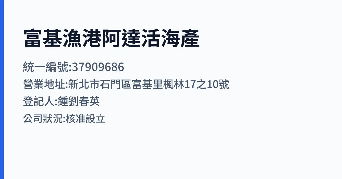 富基漁港阿達活海產 - 統編 37909686 (新北市) 公司登記資料與營業項目詳細圖表