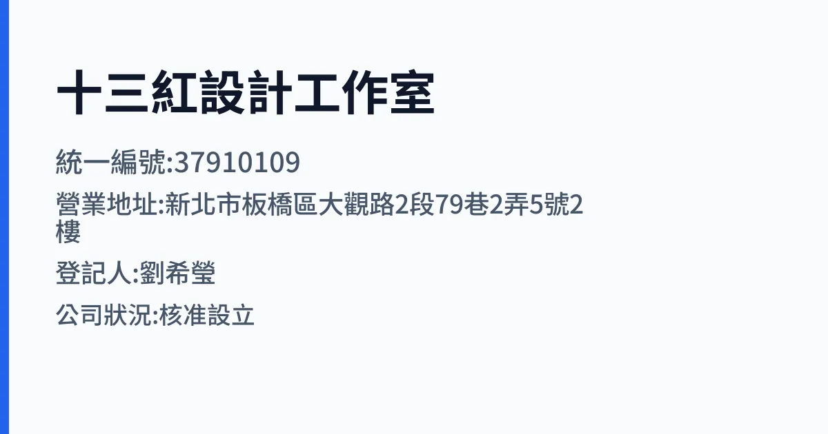 十三紅設計工作室 - 統編 37910109(新北市) 公司登記資料與營業項目詳細圖表