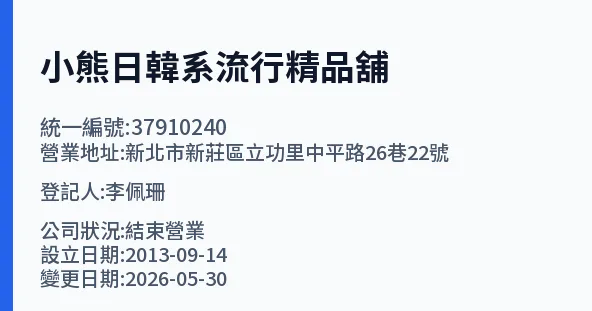 小熊日韓系流行精品舖的照片-統編 37910240(新北市) 公司登記資料與營業項目詳細圖表