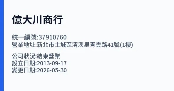 億大川商行的照片-統編 37910760(新北市) 公司登記資料與營業項目詳細圖表