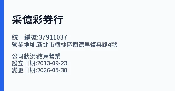 采億彩券行的照片-統編 37911037(新北市) 公司登記資料與營業項目詳細圖表