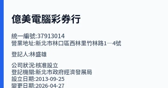億美電腦彩券行的照片-統編 37913014(新北市) 公司登記資料與營業項目詳細圖表