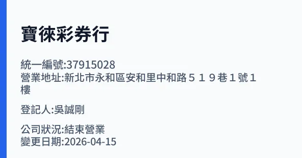 寶徠彩券行的照片-統編 37915028(新北市) 公司登記資料與營業項目詳細圖表