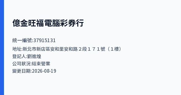 億金旺福電腦彩券行的照片-統編 37915131(新北市) 公司登記資料與營業項目詳細圖表