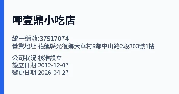 呷壹鼎小吃店的照片-統編 37917074(花蓮縣) 公司登記資料與營業項目詳細圖表