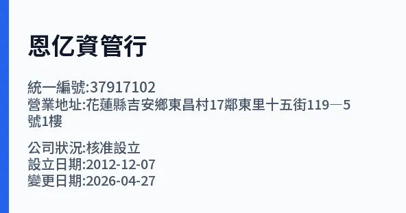 恩亿資管行的照片-統編 37917102(花蓮縣) 公司登記資料與營業項目詳細圖表