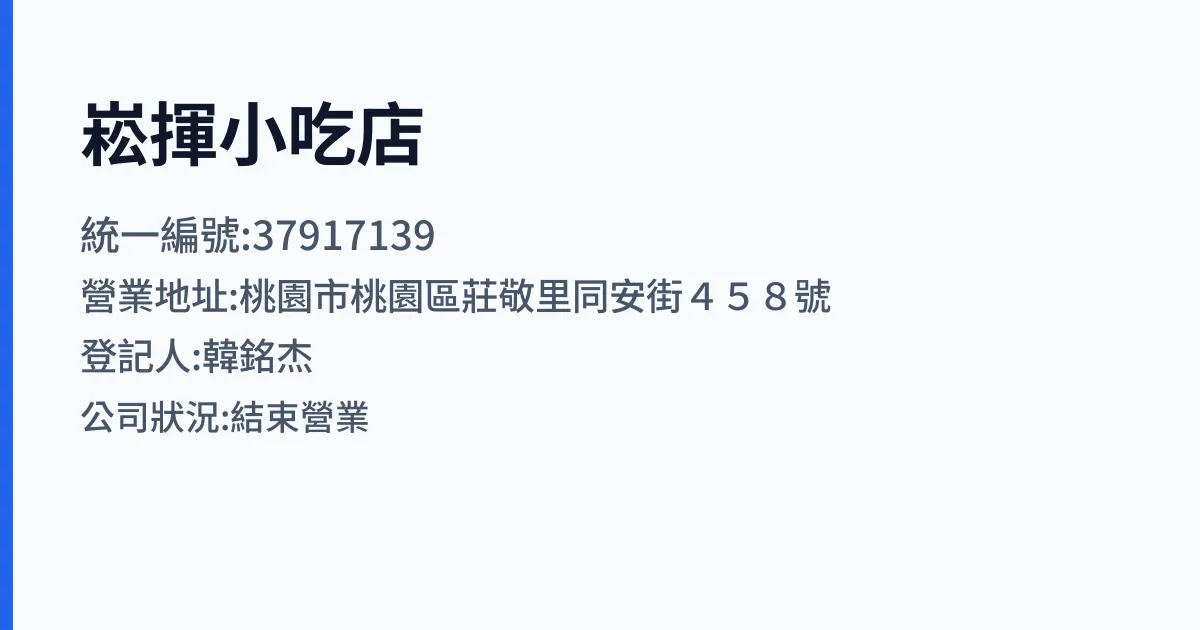 崧揮小吃店 - 統編 37917139(桃園市) 公司登記資料與營業項目詳細圖表
