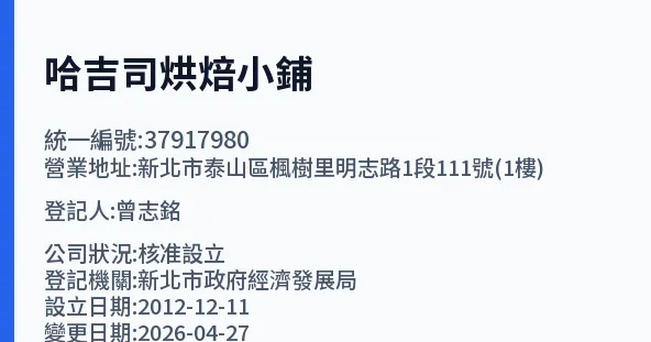 哈吉司烘焙小鋪的照片-統編 37917980(新北市) 公司登記資料與營業項目詳細圖表