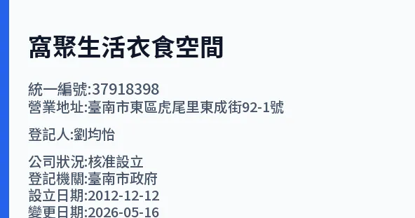 窩聚生活衣食空間的照片-統編 37918398(臺南市) 公司登記資料與營業項目詳細圖表