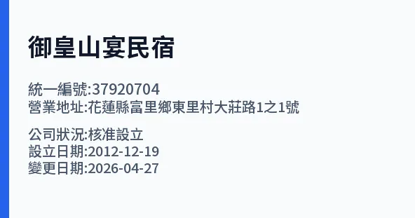 御皇山宴民宿的照片-統編 37920704(花蓮縣) 公司登記資料與營業項目詳細圖表