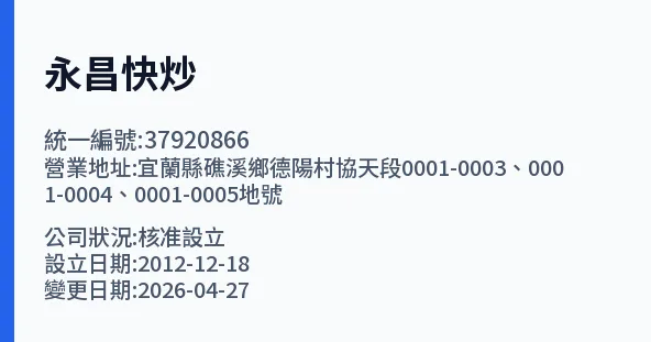 永昌快炒的照片-統編 37920866(宜蘭縣) 公司登記資料與營業項目詳細圖表