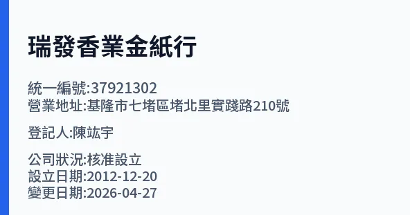 瑞發香業金紙行的照片-統編 37921302(基隆市) 公司登記資料與營業項目詳細圖表