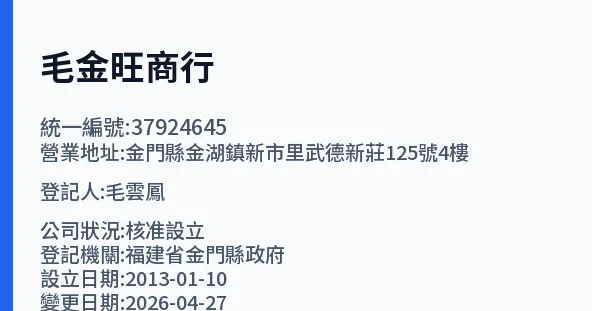 毛金旺商行的照片-統編 37924645(金門縣) 公司登記資料與營業項目詳細圖表
