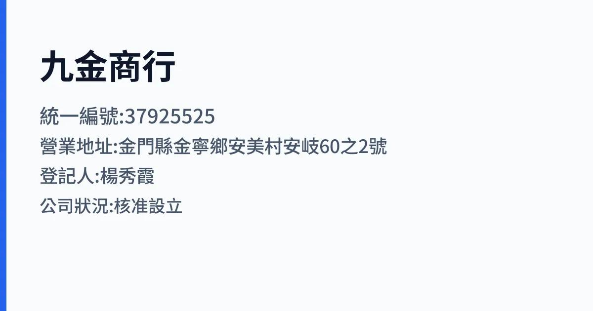 九金商行 - 統編 37925525(金門縣) 公司登記資料與營業項目詳細圖表