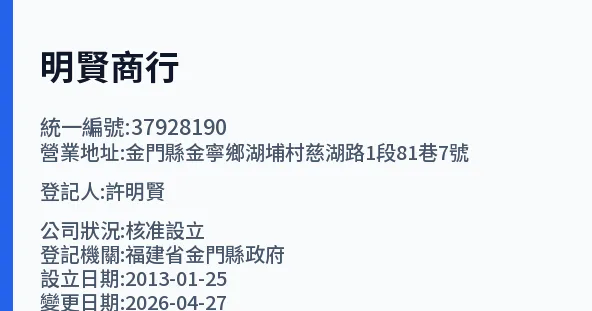 明賢商行的照片-統編 37928190(金門縣) 公司登記資料與營業項目詳細圖表