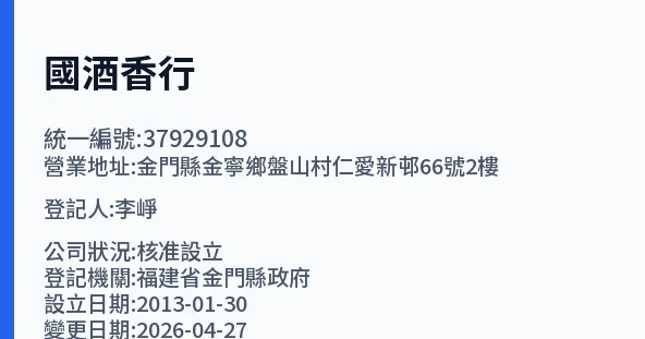 國酒香行的照片-統編 37929108(金門縣) 公司登記資料與營業項目詳細圖表