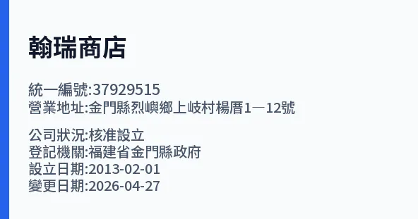 翰瑞商店的照片-統編 37929515(金門縣) 公司登記資料與營業項目詳細圖表