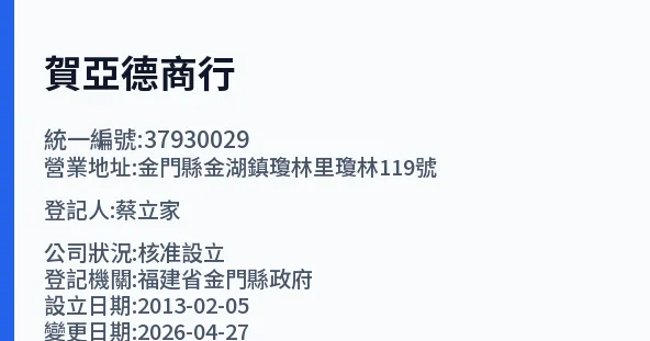 賀亞德商行的照片-統編 37930029(金門縣) 公司登記資料與營業項目詳細圖表