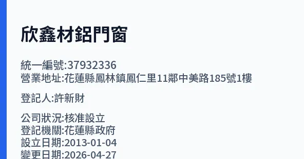 欣鑫材鋁門窗的照片-統編 37932336(花蓮縣) 公司登記資料與營業項目詳細圖表