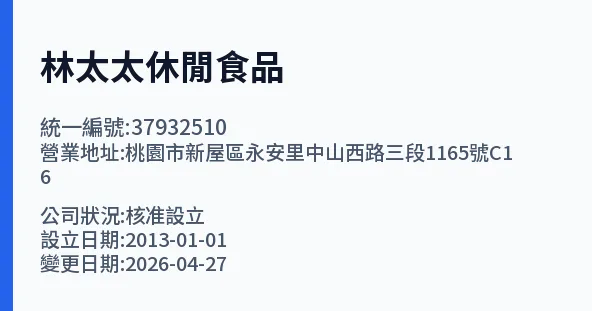 林太太休閒食品的照片-統編 37932510(桃園市) 公司登記資料與營業項目詳細圖表