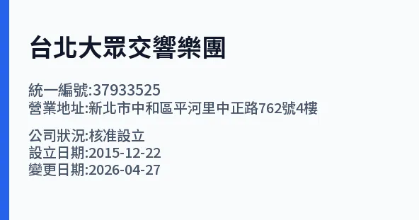 台北大眾交響樂團的照片-統編 37933525(新北市) 公司登記資料與營業項目詳細圖表