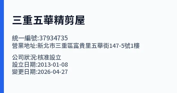 三重五華精剪屋的照片-統編 37934735(新北市) 公司登記資料與營業項目詳細圖表