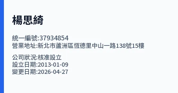 楊思綺的照片-統編 37934854(新北市) 公司登記資料與營業項目詳細圖表