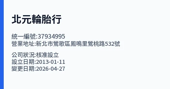 北元輪胎行的照片-統編 37934995(新北市) 公司登記資料與營業項目詳細圖表