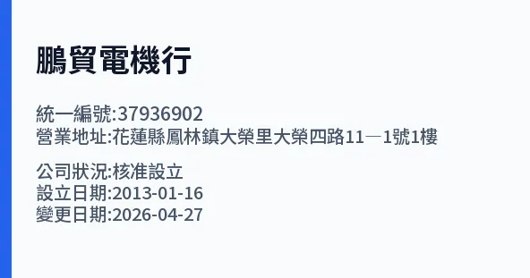 鵬貿電機行的照片-統編 37936902(花蓮縣) 公司登記資料與營業項目詳細圖表